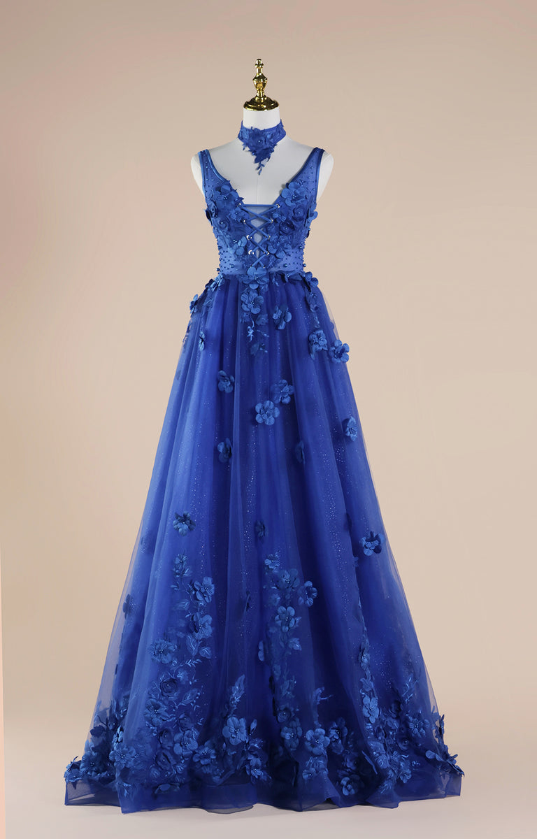 Double Straps V-Neck Strappy 3D Applique A-Line Sweep Train Colorful D ...