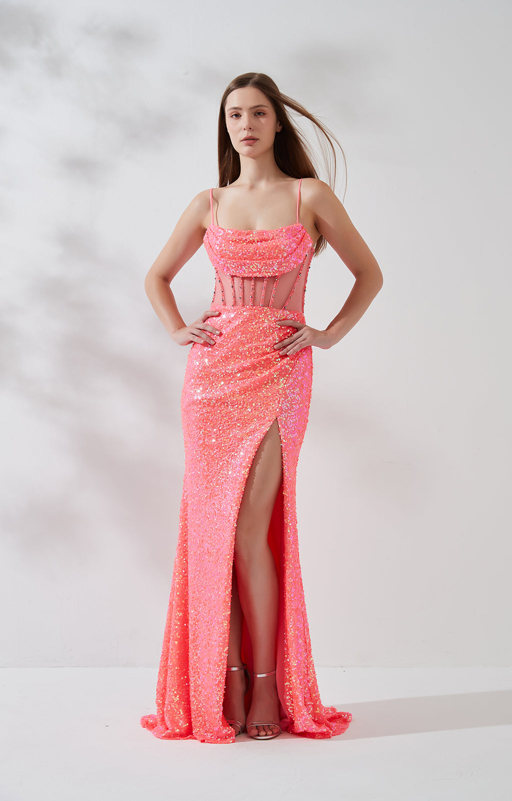 Sheath Ruched Drape Neckline Embroidered Sequin High Side Split Dress