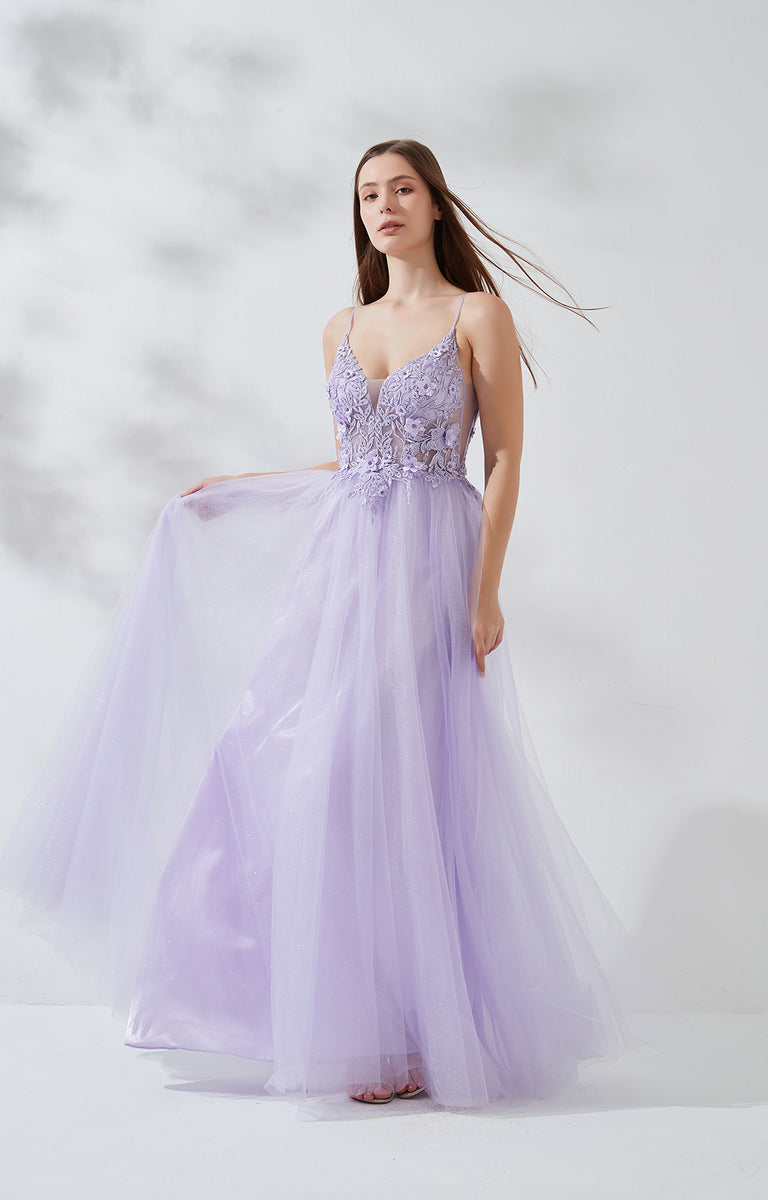 V-neck Wide Strap Lace Embroidered Appliqué Floor Length Dress – Alizeal