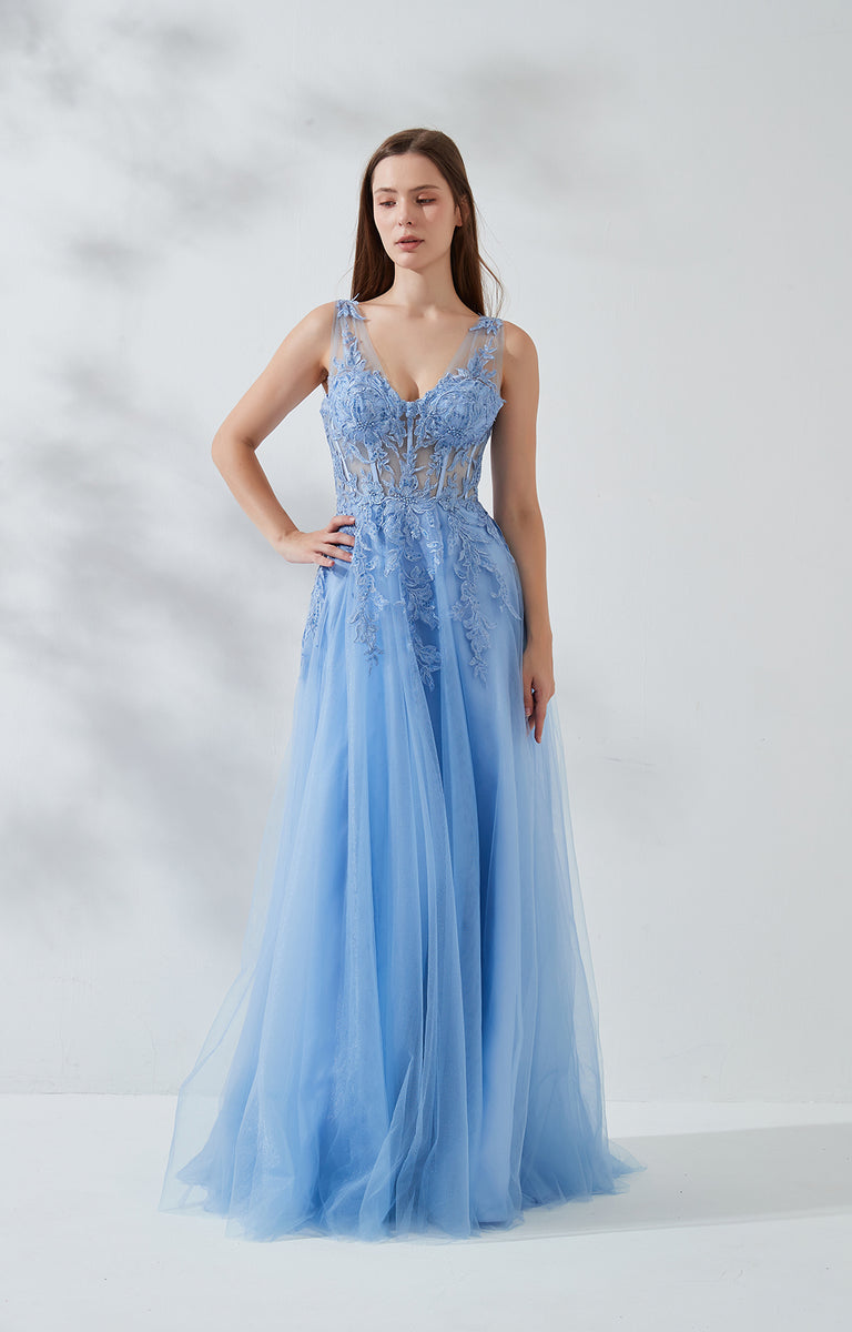 A-line V-neck Sleeveless Fishbone Tulle Prom Dresses – Alizeal