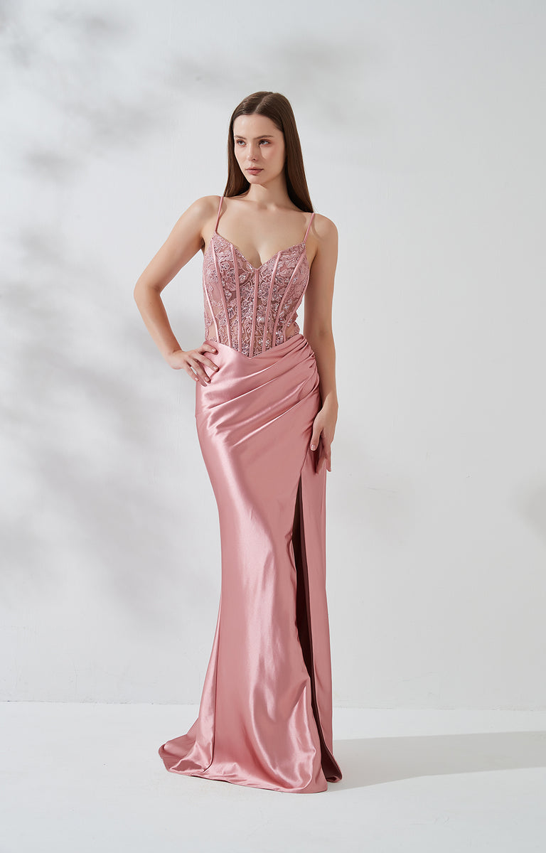V-Neck Appliqued Split Fishbone Lace-up Back Evening Dress – Alizeal