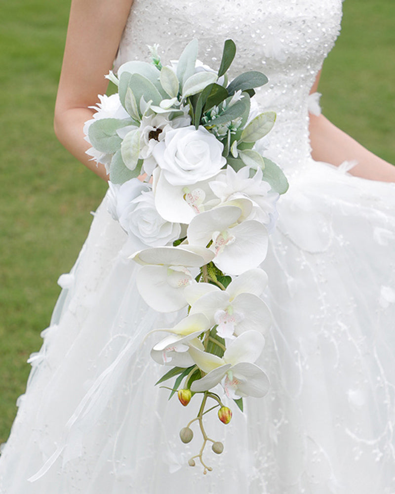Waterfall Cascading Artificial Flower White Rose Phalaenopsis Bride Bo ...
