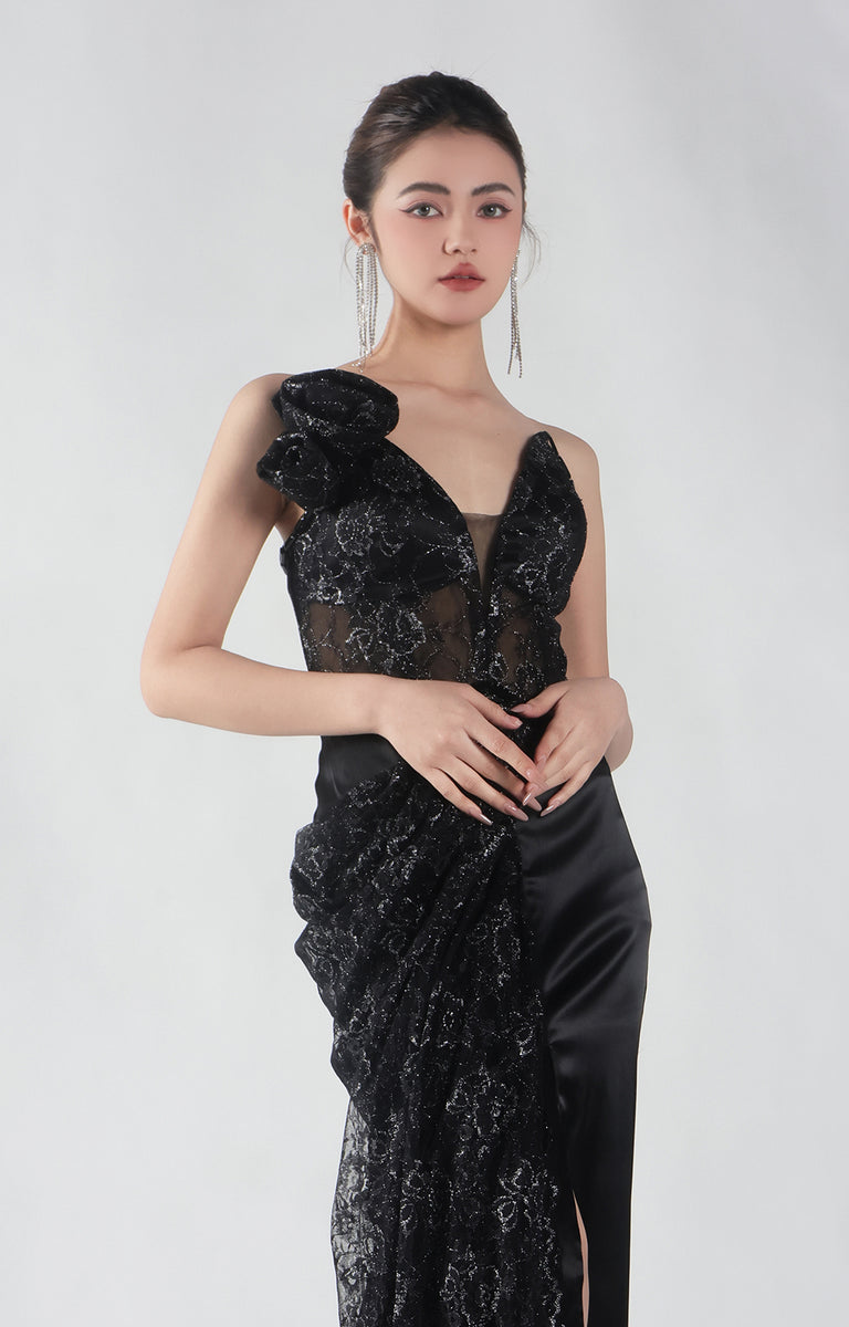 Strapless Sweetheart Neck Lace Bodice Front Slit Dresses – Alizeal