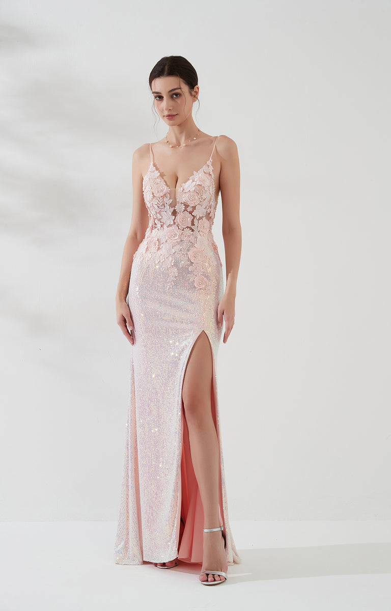 V-Neck Spaghetti Straps 3D Appliqued Sequins High Split Party Dress ...