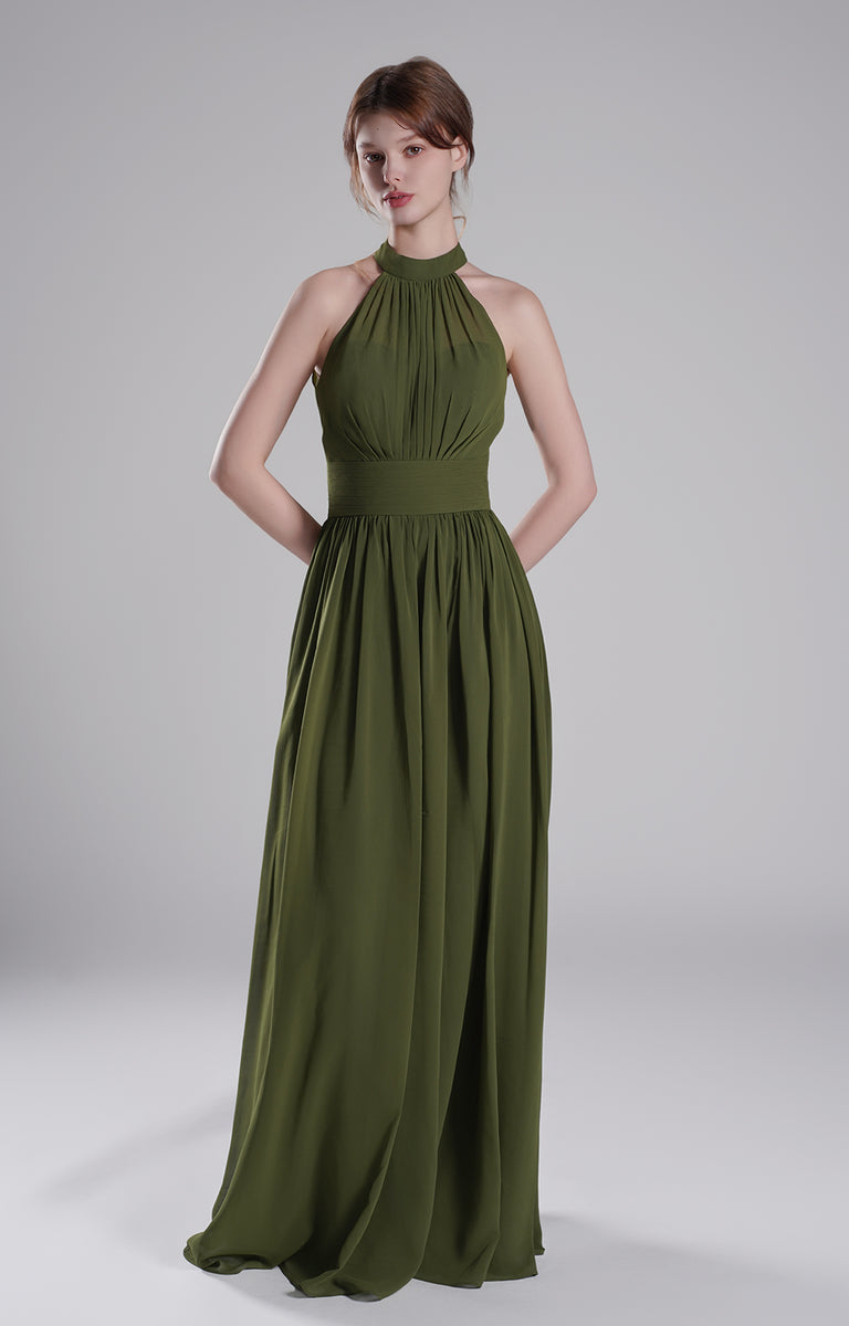 Halter Neckline Pleated Bodice Open Back A-Line Dresses – Alizeal