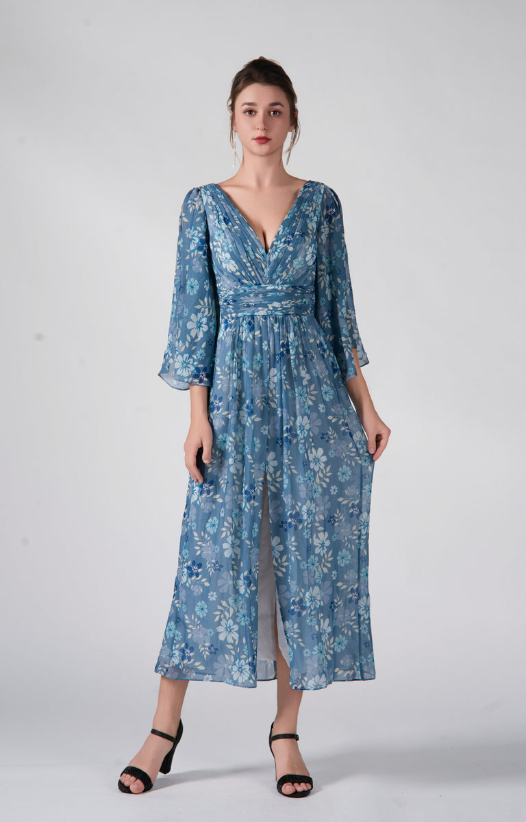 V-Neck Long Flutter Sleeves Front Split Ruffles Dresses – Alizeal