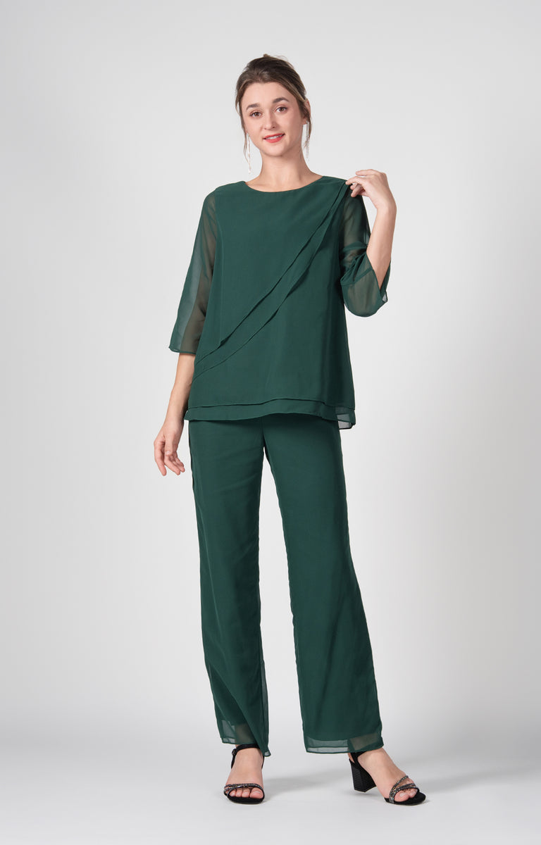 2-Piece Mother of the Bride Sheer Sleeve Pant Suits – Alizeal
